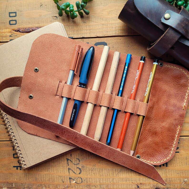 Personalized Handmade Minimalist Leather Pencil Case - Custom Roll-up ...