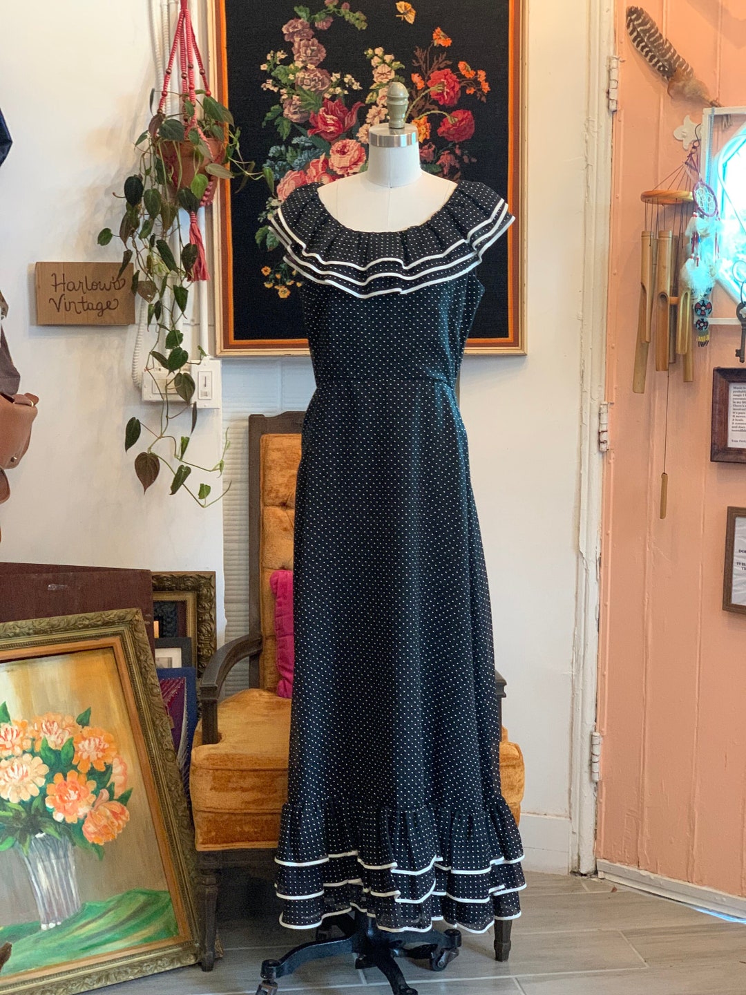 Vintage 80's Black & White Polka Dot Ruffle Maxi Dress - Etsy