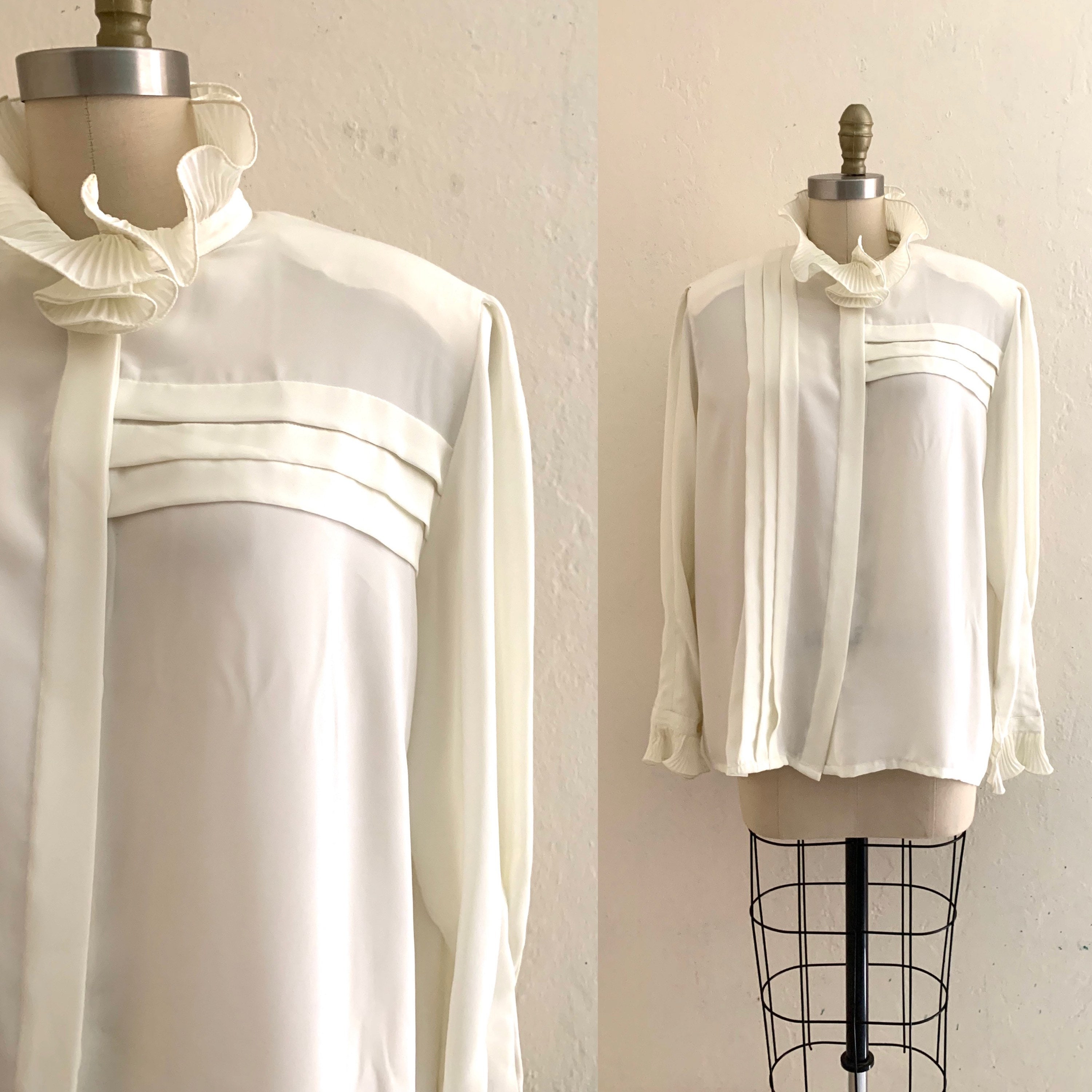 Vintage 80s White Ruffle Collar Blouse