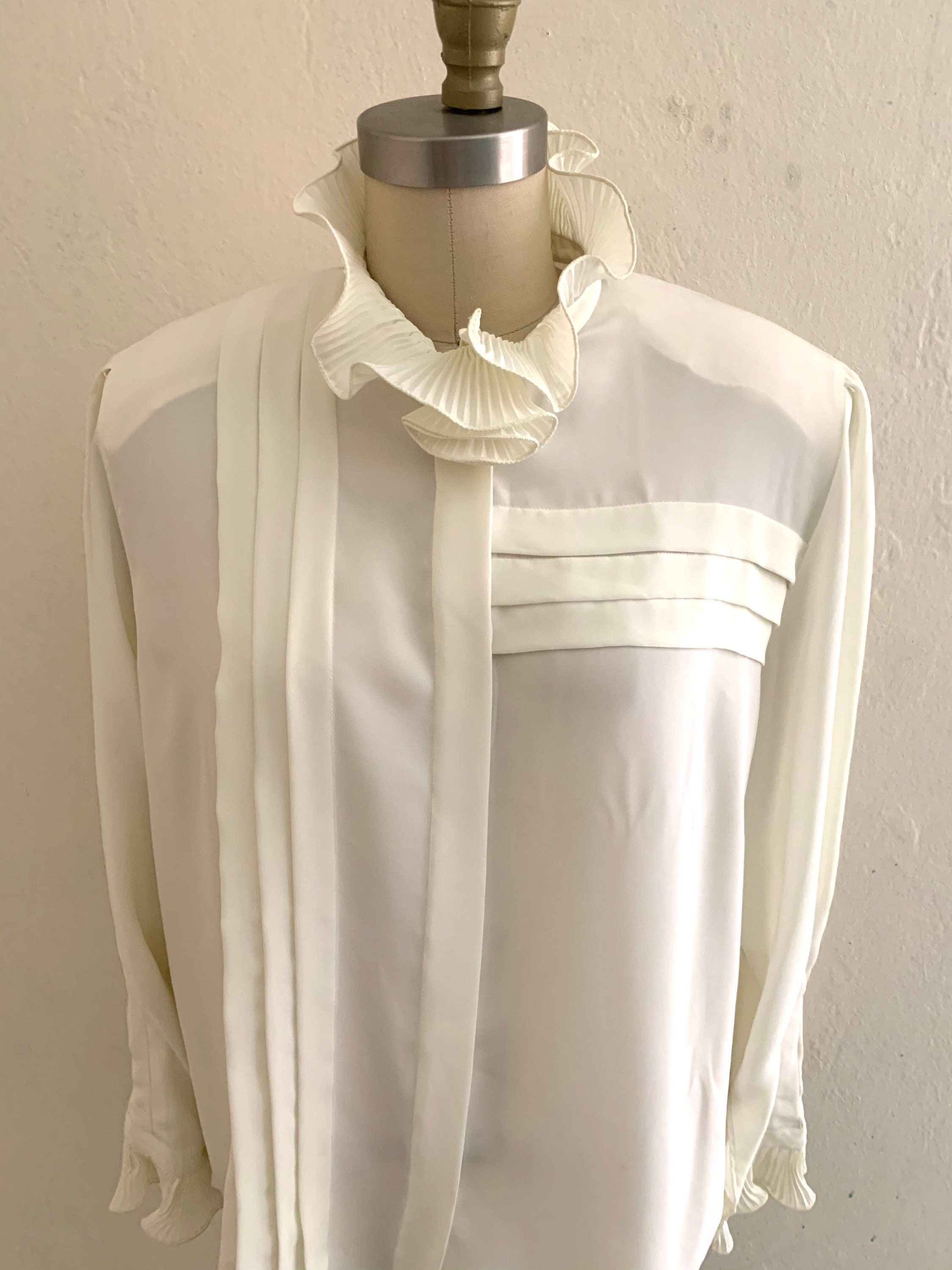 Vintage 80s White Ruffle Collar Blouse