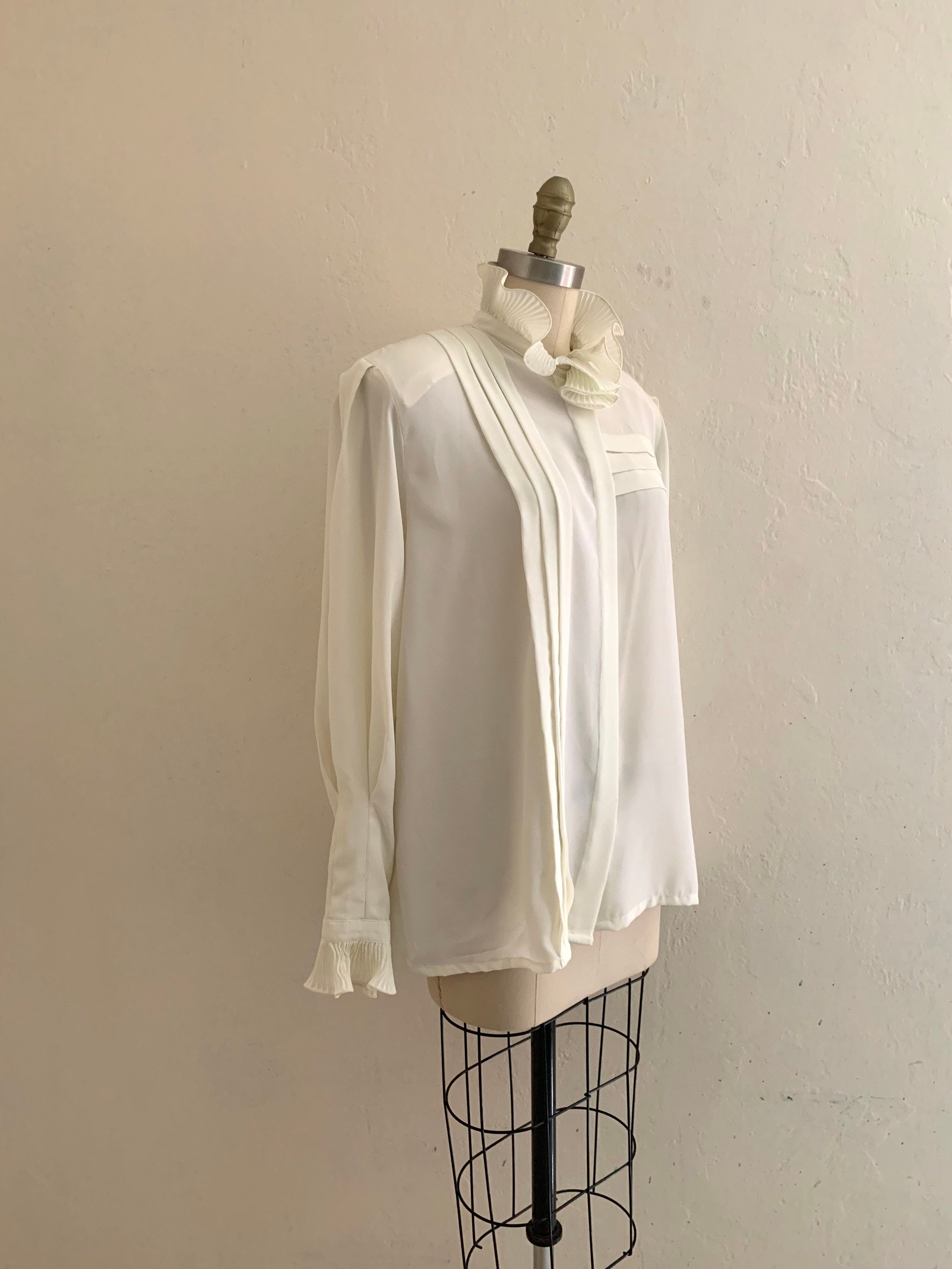 Vintage 80s White Ruffle Collar Blouse