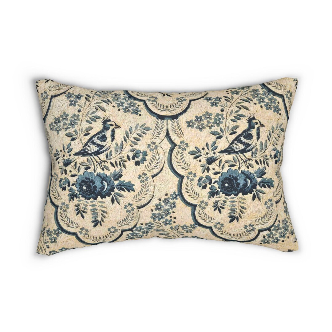 Toile Bluebird Floral Pattern Lumbar Pillow, Vintage Botanical ...