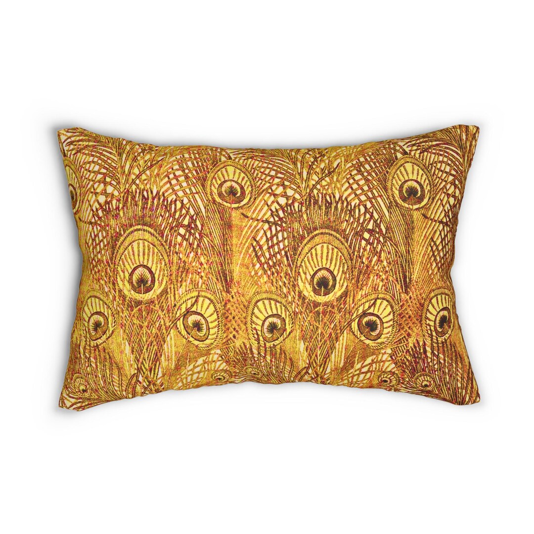 Gold Peacock Feather Lumbar Pillow, Exotic Throw Pillow, Animal Print ...