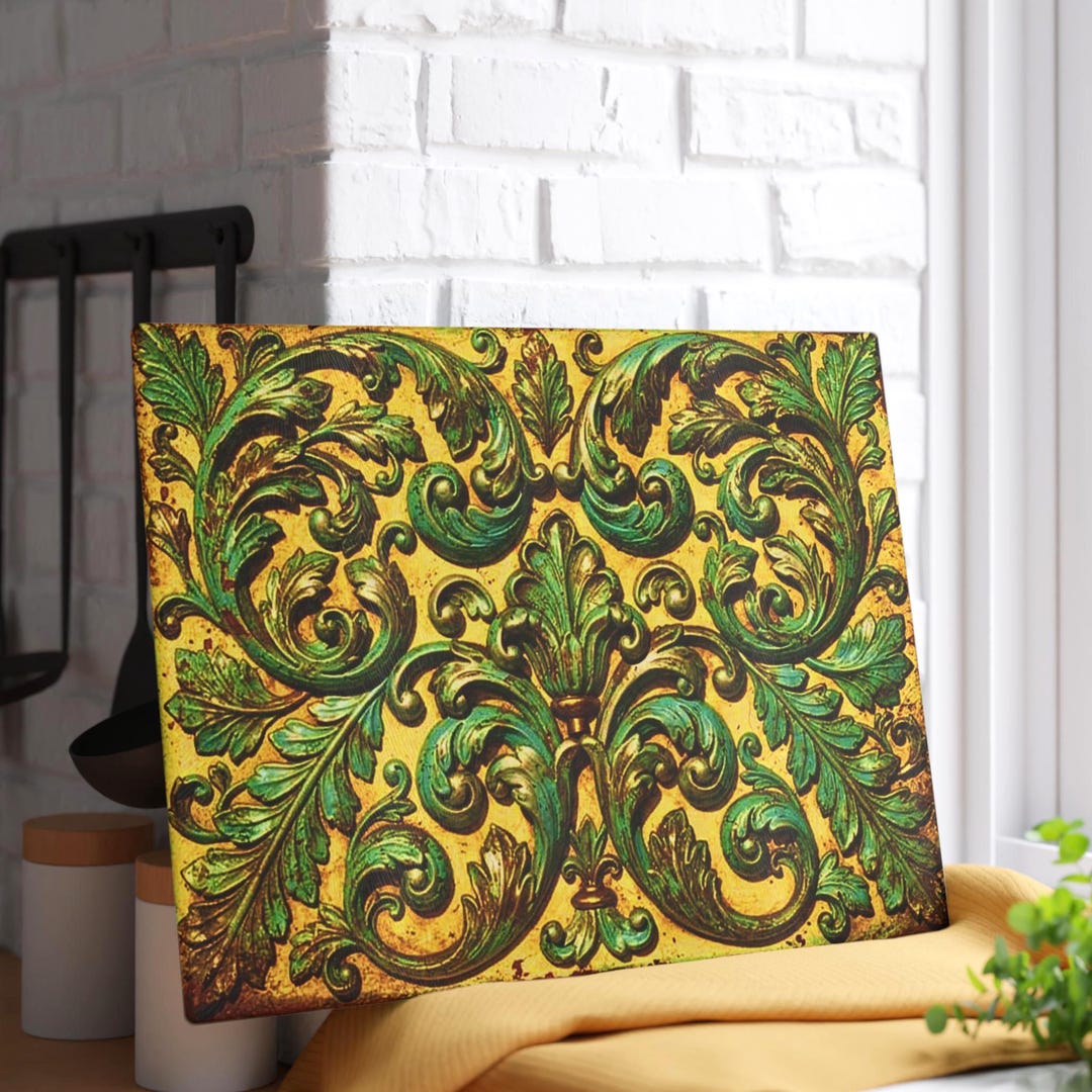 Vintage Green Baroque Scrollwork Glass Cutting Board, Ornate Decorative ...