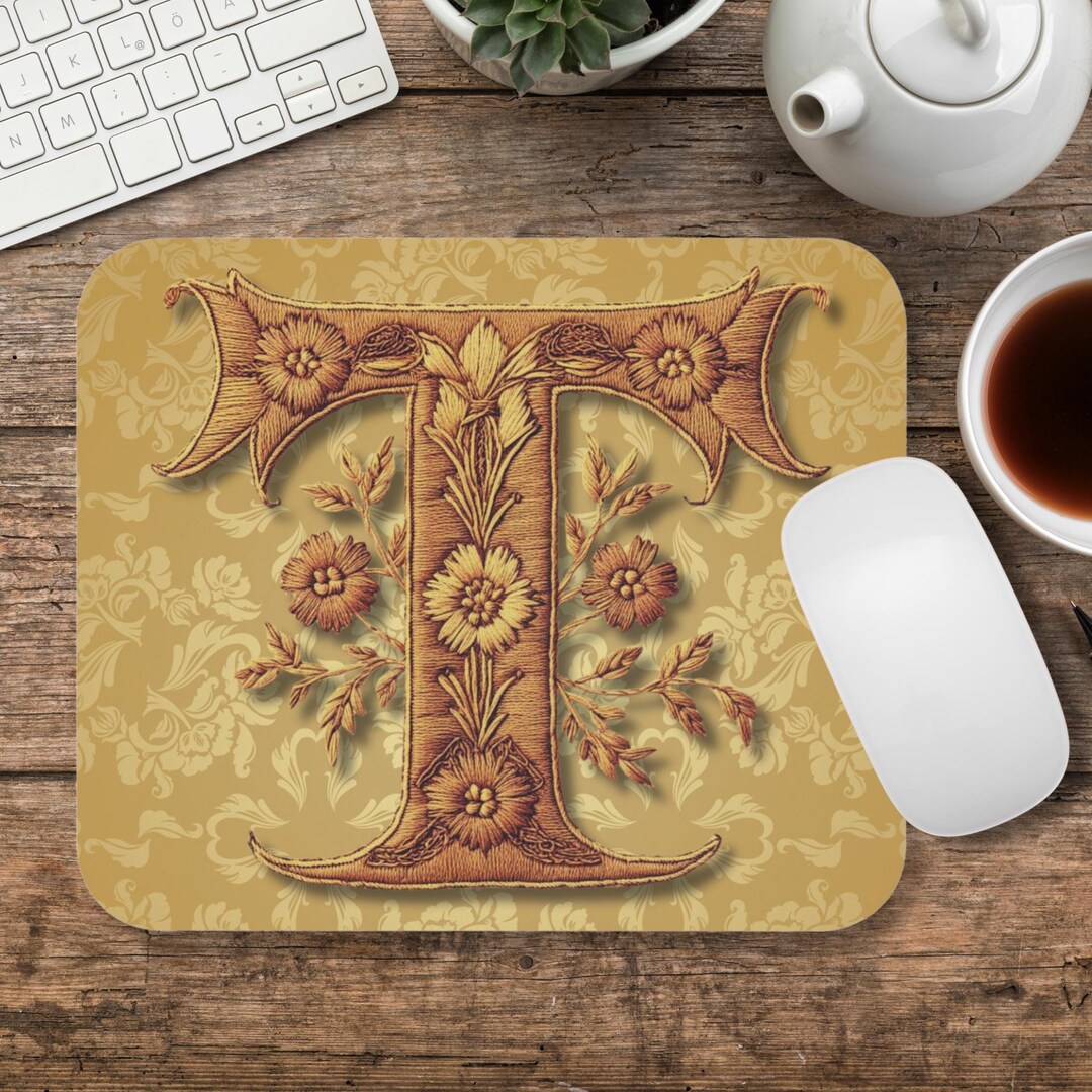 Elegant Floral Embroidered Letter T Mouse Pad, Vintage Initial T Mouse ...