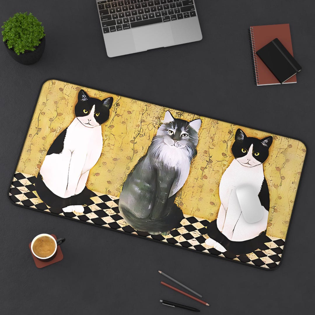 Vintage Cat Desk Mat: Unique Neoprene Office Decor - Etsy