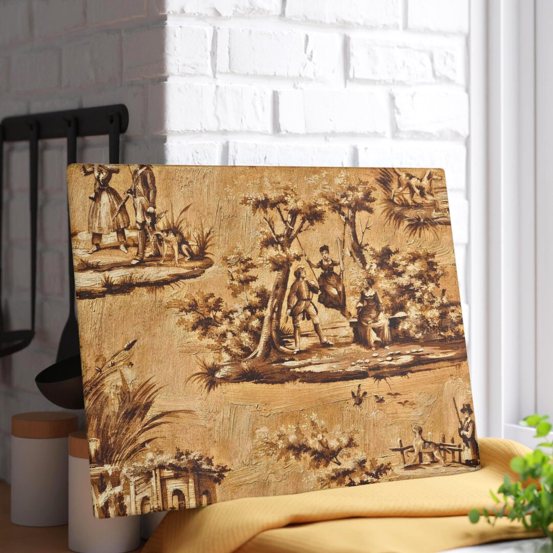 Vintage Brown Toile Scene Glass Cutting Board, Pastoral Cottage Kitchen ...