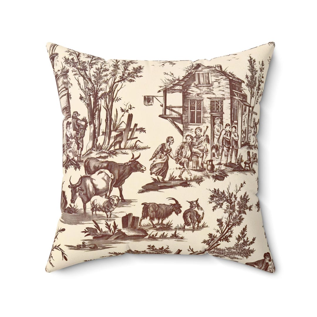Rustic Toile Farmhouse Scene Pillow, Vintage Pastoral Print Pillow ...