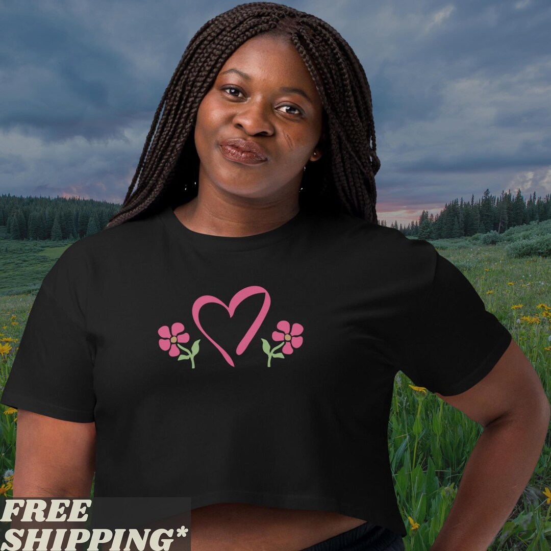 Pink Flowers Pink Heart Crop Top Cute Summer Top for Girls Floral Print ...