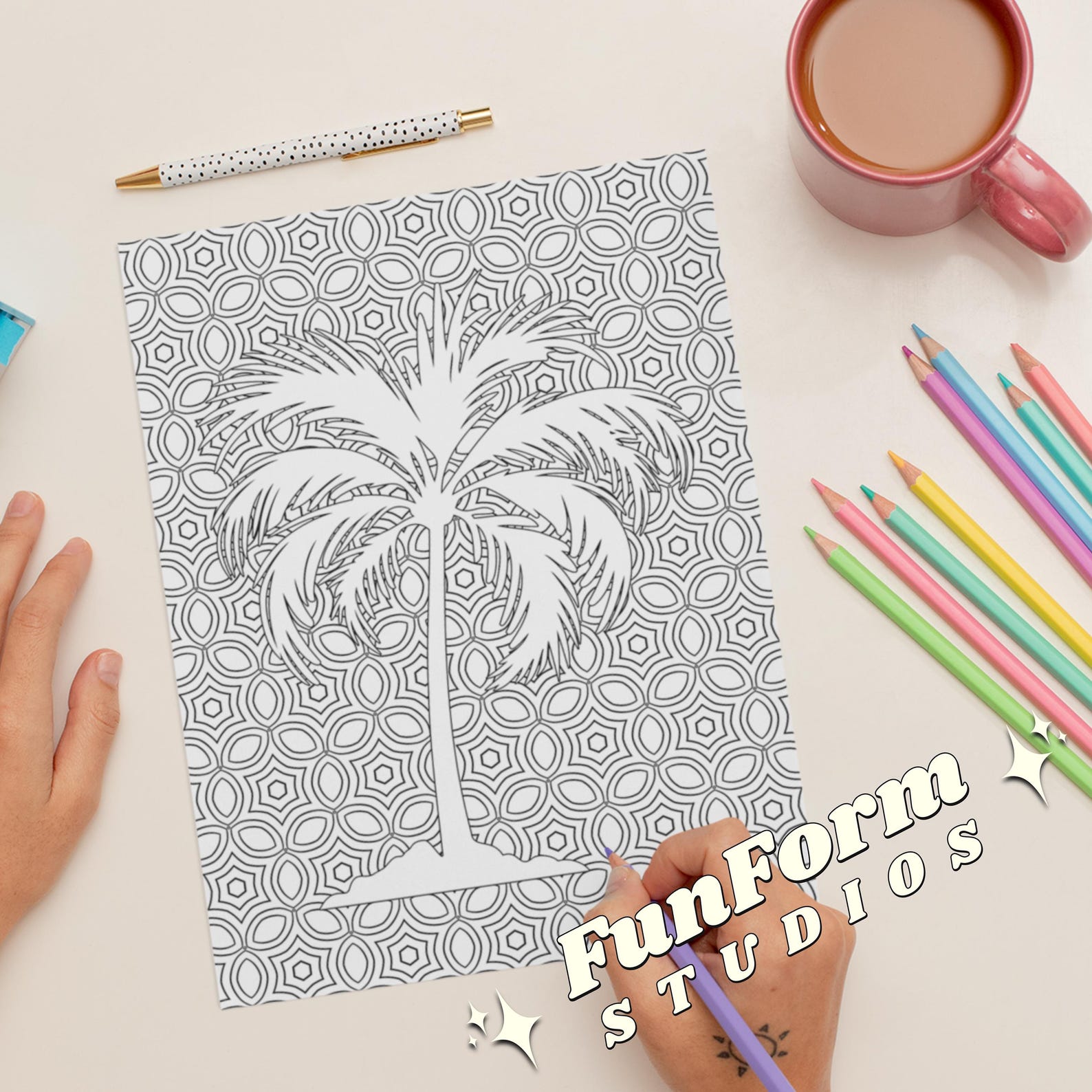 Tropical Palm Tree Coloring Page, Printable Design for Relaxing ...