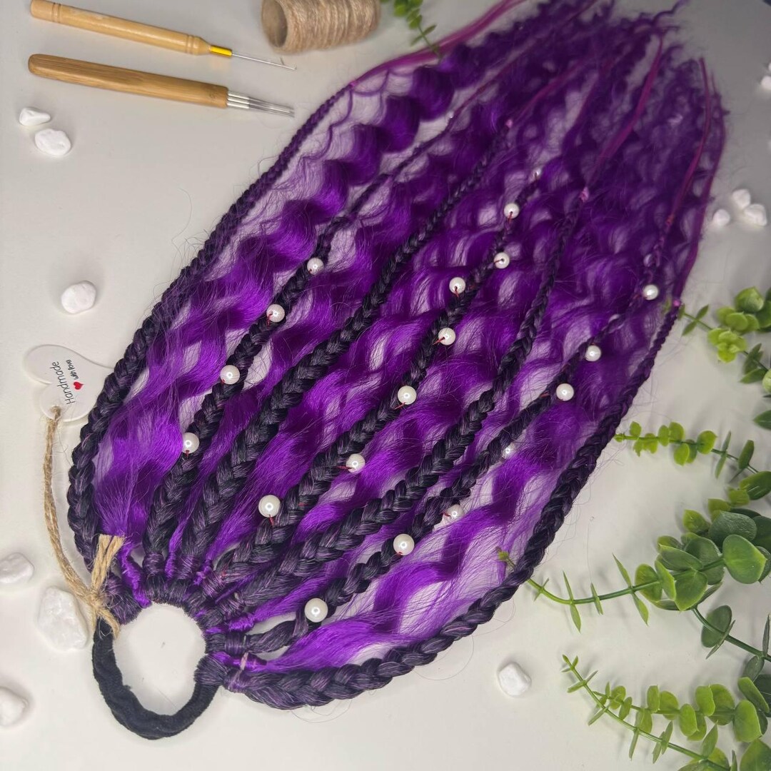 Violet Curly Braided Ponytail Extension With Pearls Design, Handmade ...