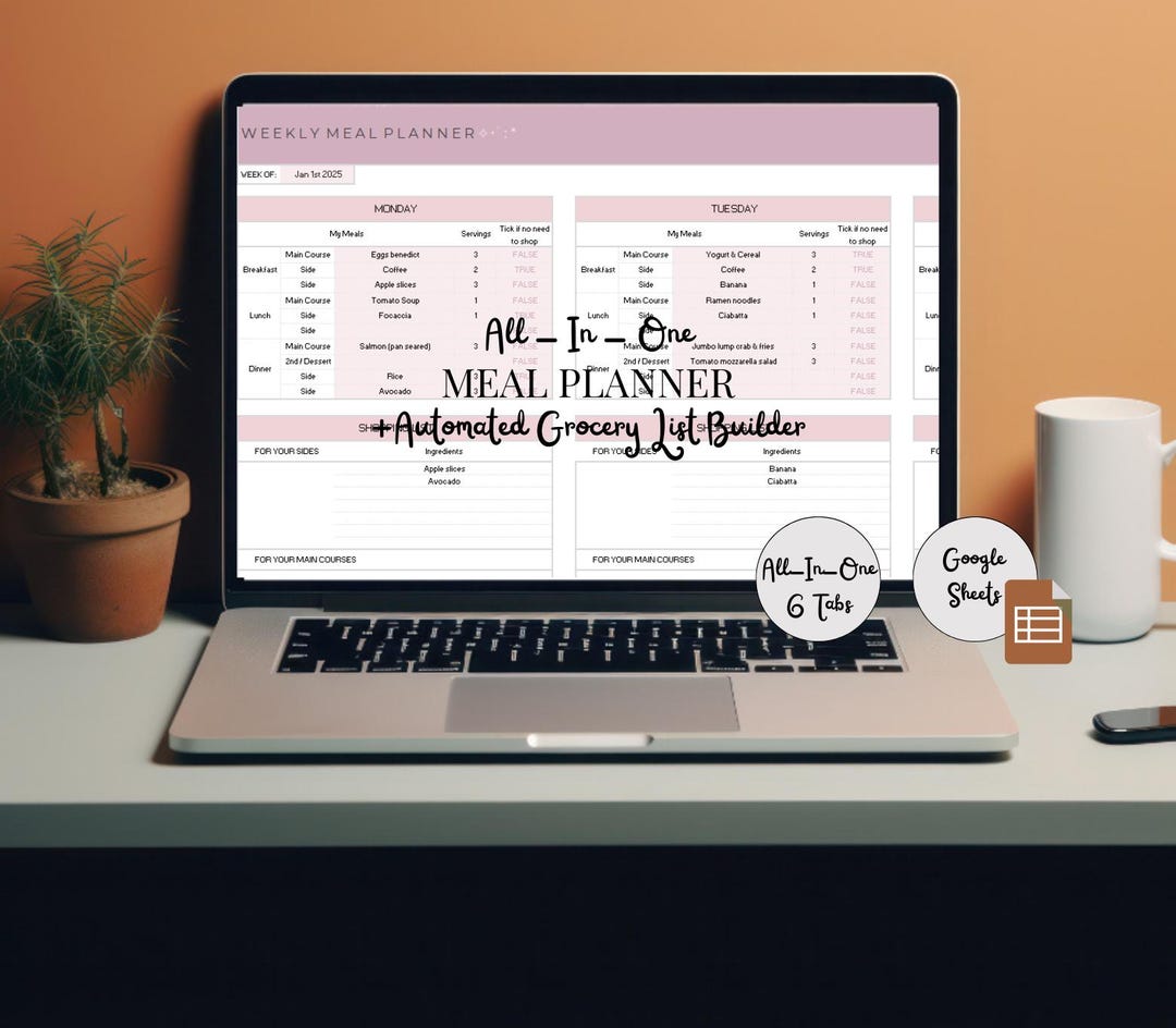 Weekly Meal Planner and Grocery List Google Sheets Digital Template ...