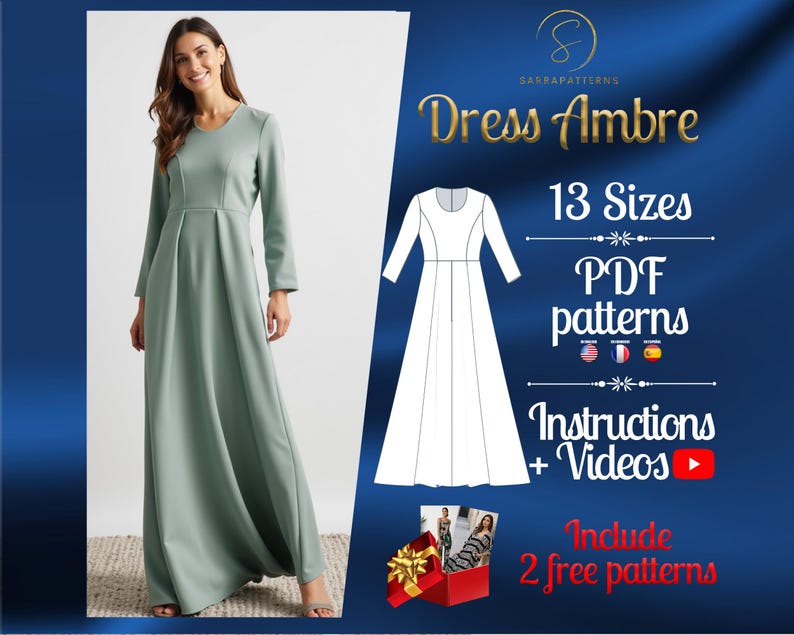 PDF Digital Sewing Pattern for Full Length Dress | Flared Dress Pattern | Gown Sewing Pattern ...