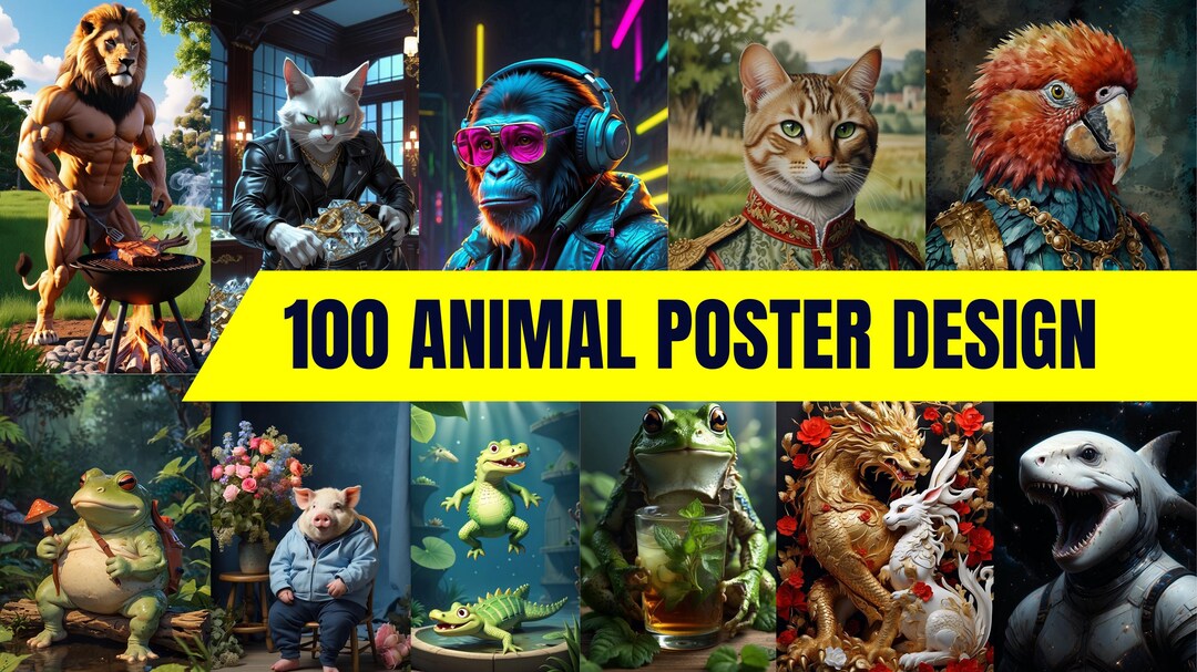 100 Animal Poster Design Digital Anime Collage Kit Animal Prints&wall ...
