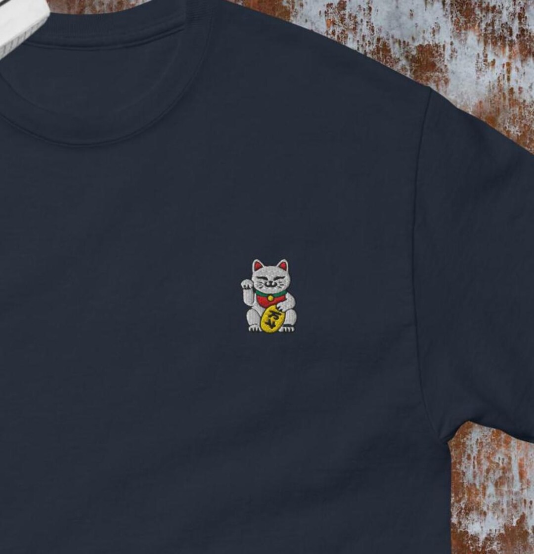 Embroidered Maneki Neko T-shirt – Minimalist Japanese Lucky Cat Tee ...