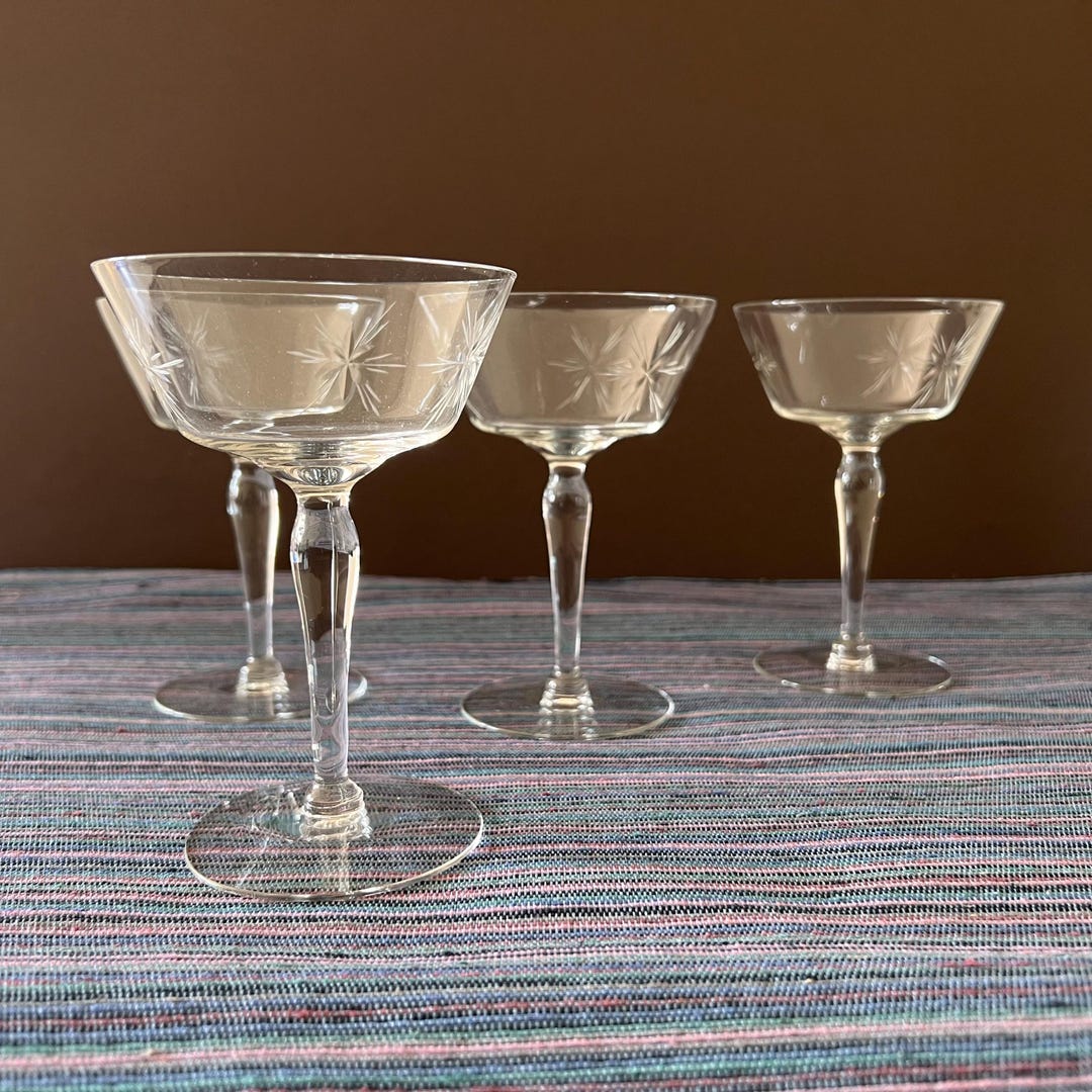 MCM Vintage Starburst Etched Glass Champagne Coupes Cocktail Glasses ...