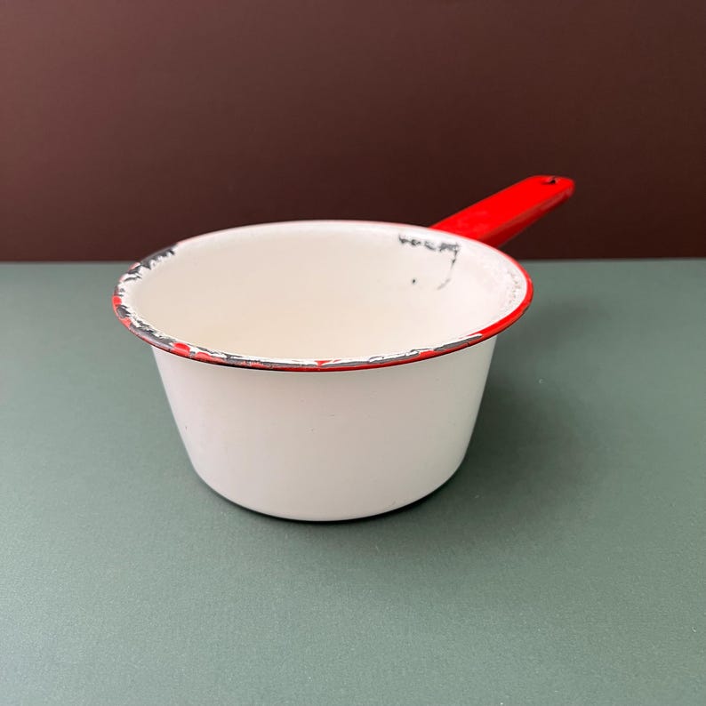 Vintage Small Red and White Enamelware Saucepan - Etsy