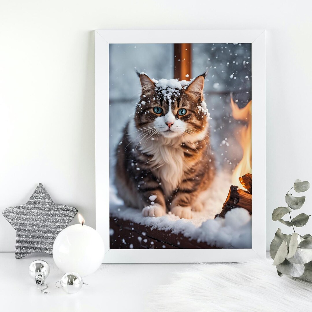 Snowy Cat by the Fire: Cozy Winter Scene Wall Art Adorable Feline in ...