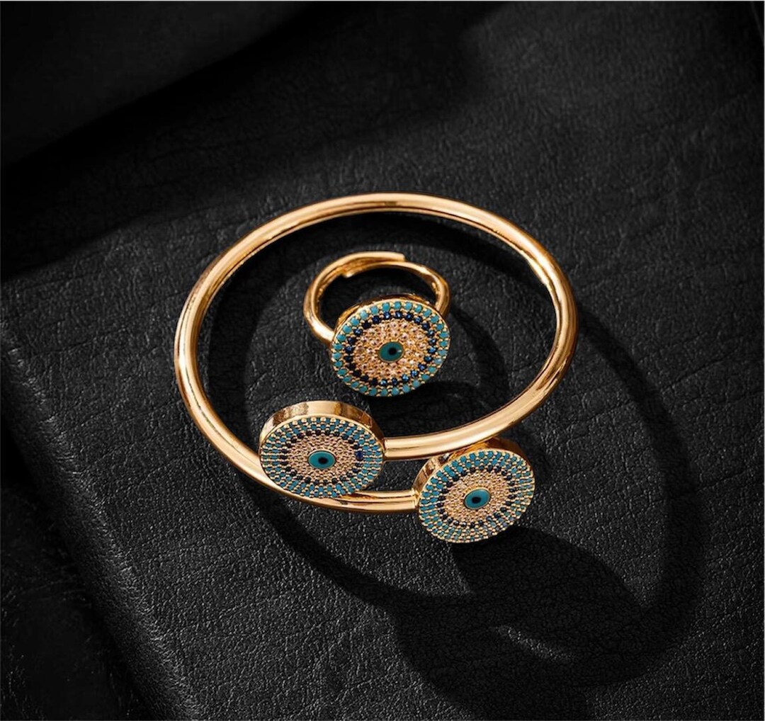 18K Gold Plated Evil Eye Bangle and Ring, Moroccan Evil Eye Adjustable ...