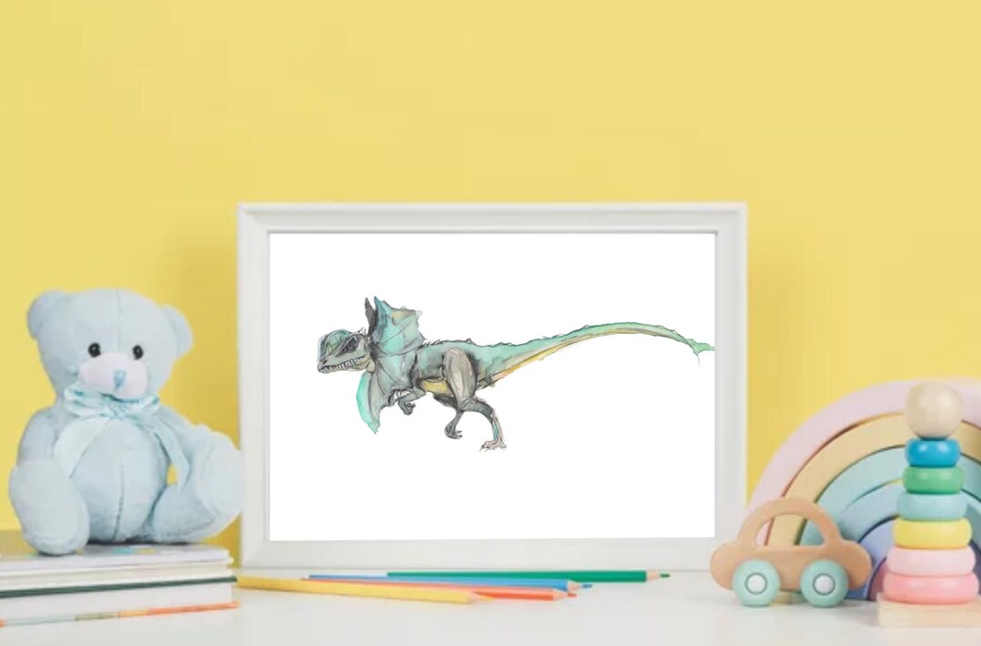Dilophosaurus Whimsical Watercolour Art - Hand-painted Animal Print for ...