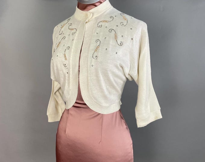 1950s Sweater Vintage 50s WHITE RHINESTONE BEADED Orlon Bolero Cardigan ...