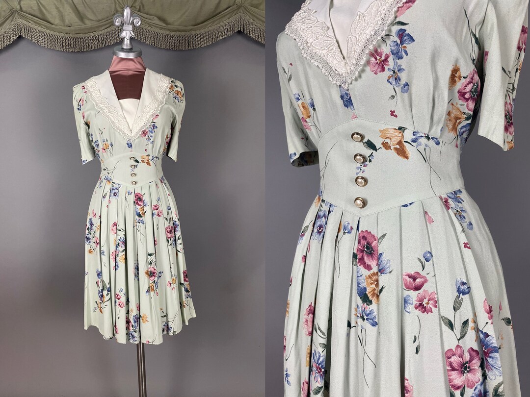 Vintage Dress 1980s Does 40s Dress PASTEL FLORAL GREEN Print Rayon Puff ...