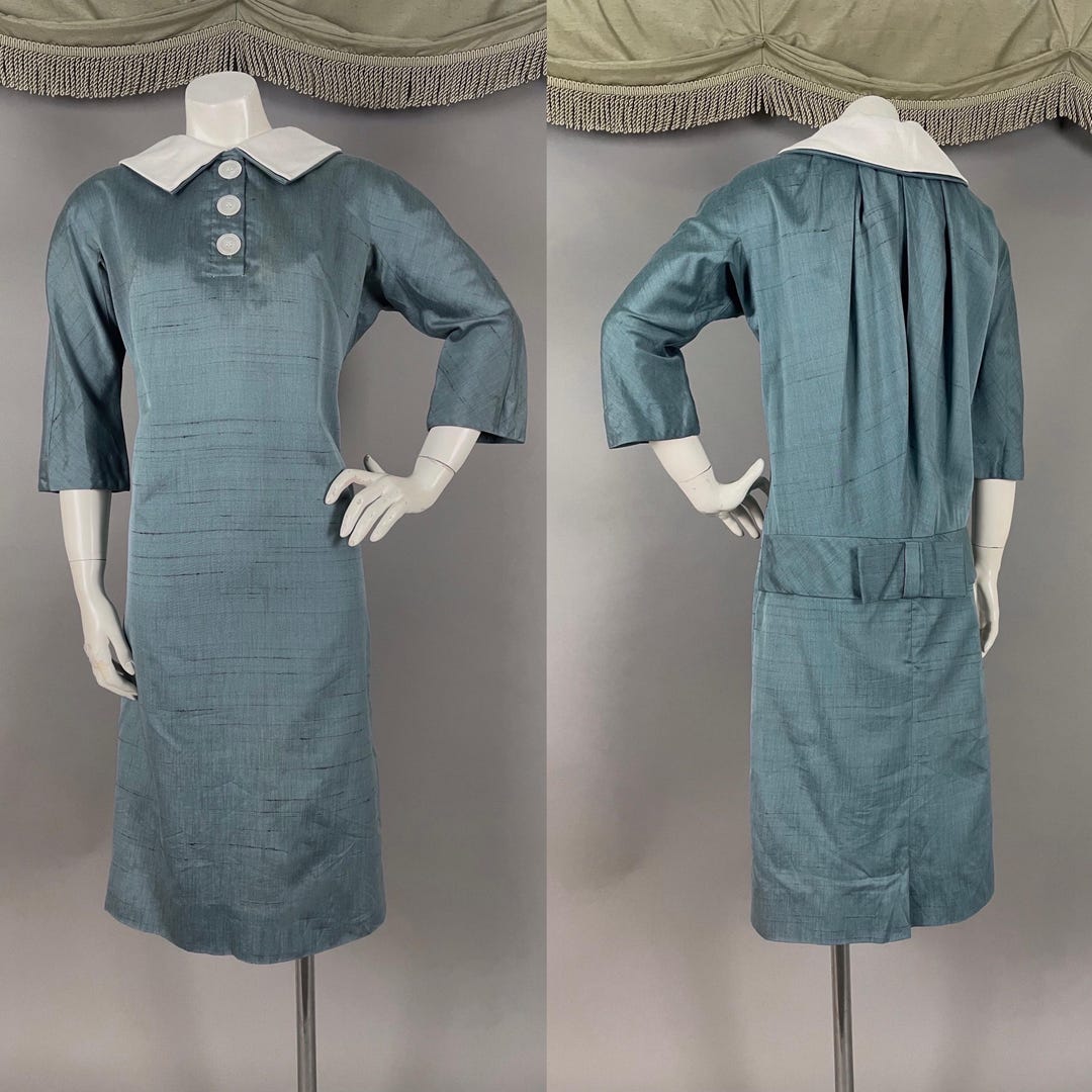 1950s Dress Vintage 50s SACK BACK CHIC Blue Gray White Collar Sheath - Etsy