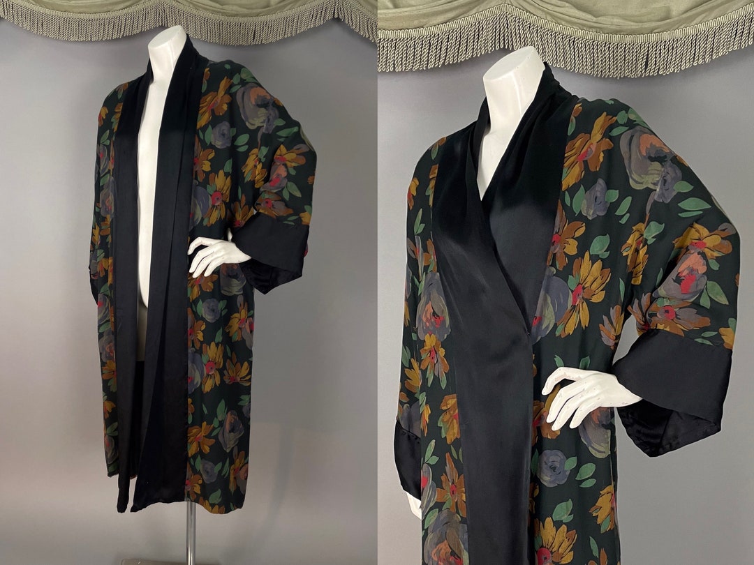 1920s Robe Vintage 30s Silk RICH FLORAL NAVY Midnight Blue Dress Jacket ...