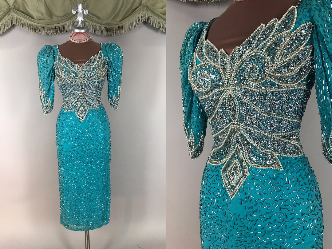 1980s Dress Vintage 80s BEADED TURQUOISE BLUE Silver Puff Sleeve ...