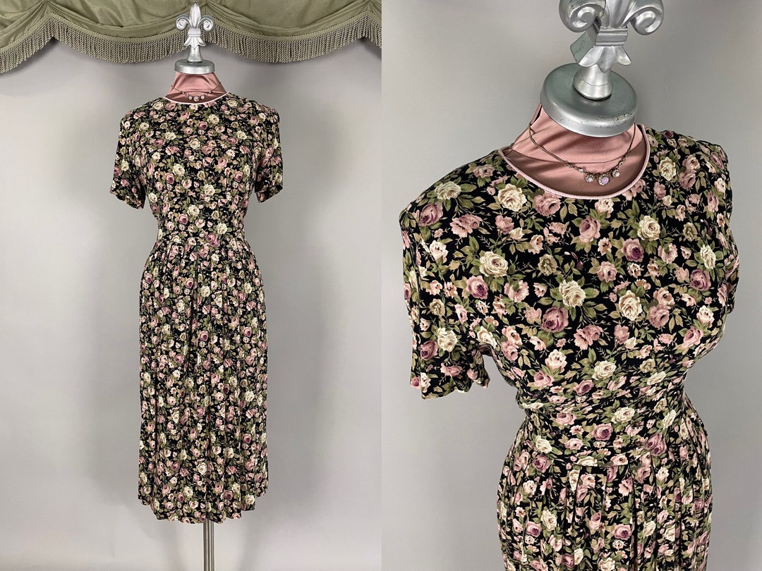 PINK ROSES Vintage 90s Dress 1990s Puff Sleeves Black Rayon Dress - Etsy