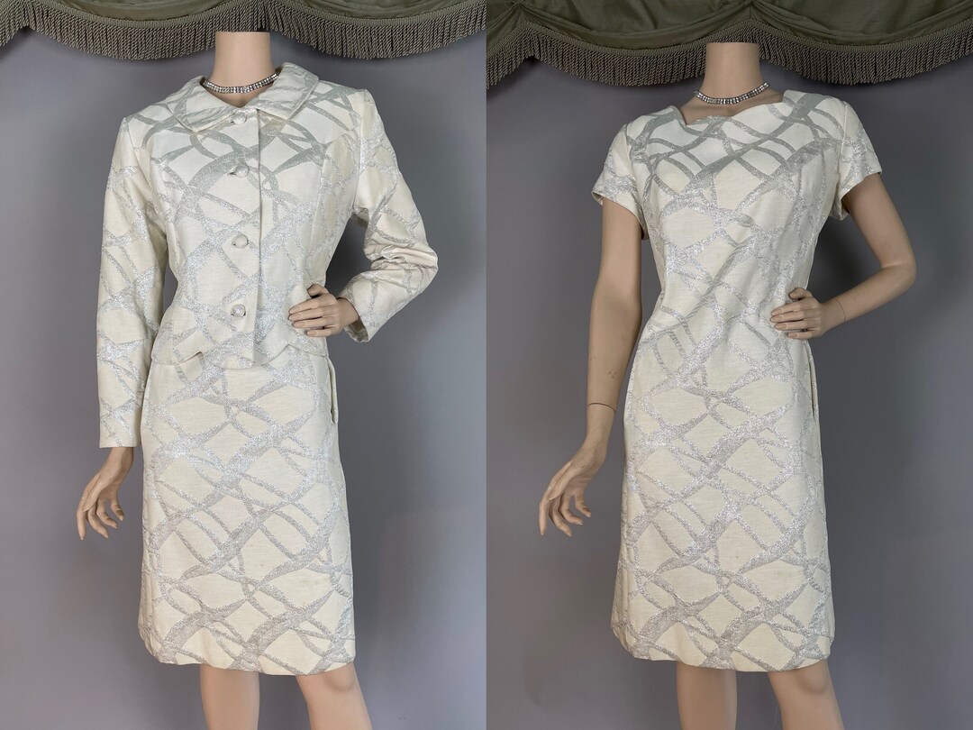 1960s Suit Set Vintage 60s SILVER WHITE METALLIC Dress and Jacket 2pc ...