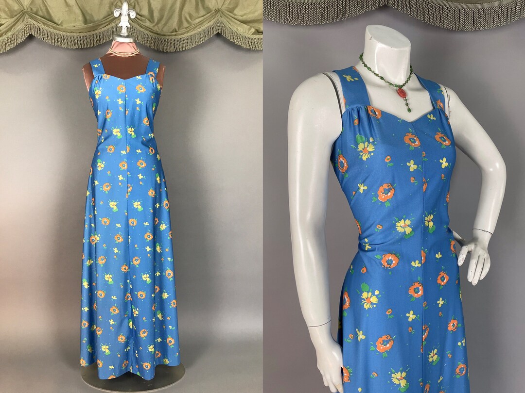 1970s Sun Dress Vintage 70s SKY BLUE FLORAL Orange Yellow - Etsy