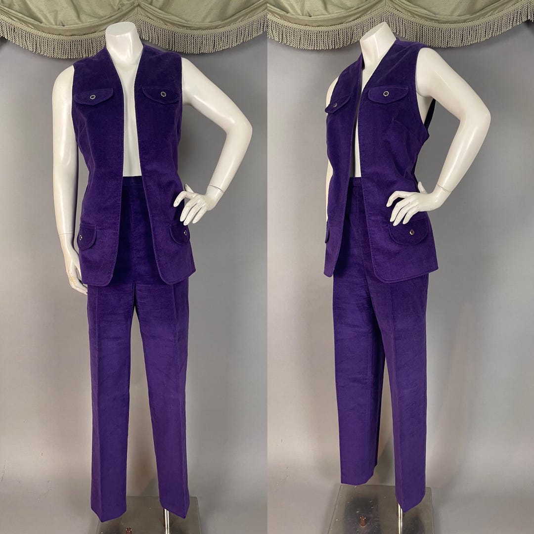 1960s Suit 2pc Vintage 70s Pants Set PURPLE VELVET Long Vest Pantsuit ...