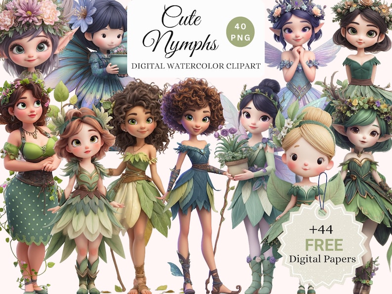 Cute Cartoon Nymphs Clipart Bundle – 40 Pngs + 44 Free Papers ...