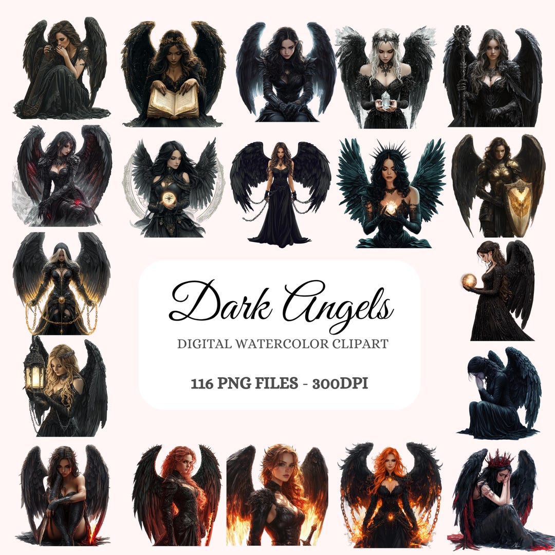 Dark Angels Watercolor Clipart Bundle – 116 PNG Gothic Angel ...