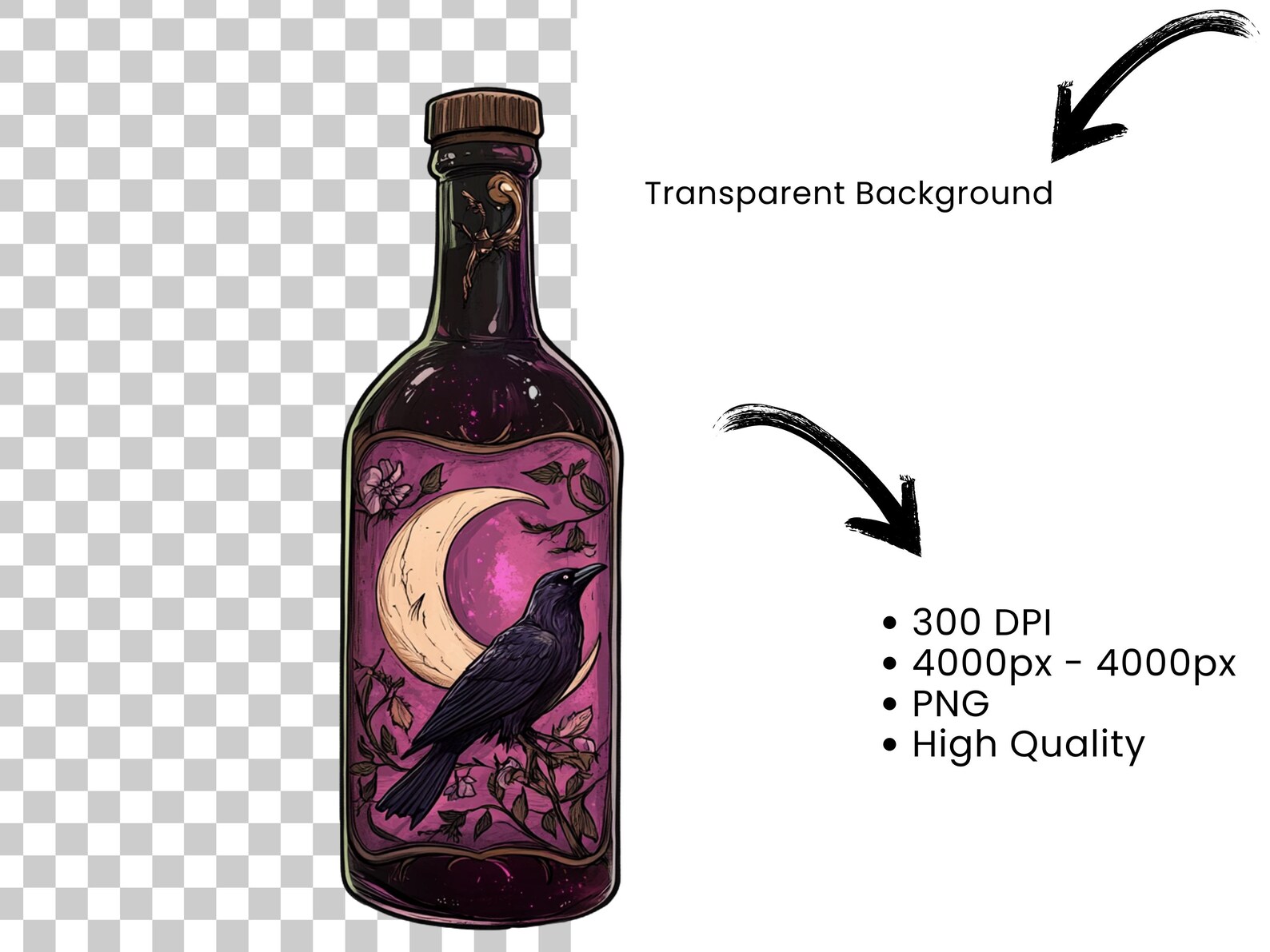 Gothic Liquor Bottles Watercolor Clipart Bundle – Vintage Alcohol PNG ...