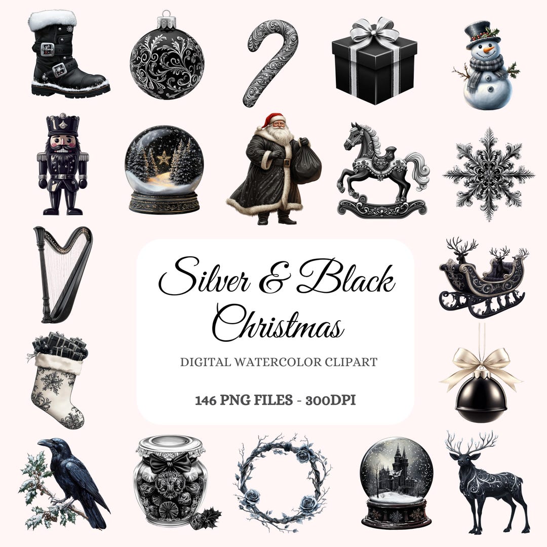 Silver & Black Christmas Clipart Bundle – 146 PNG Elegant Christmas ...