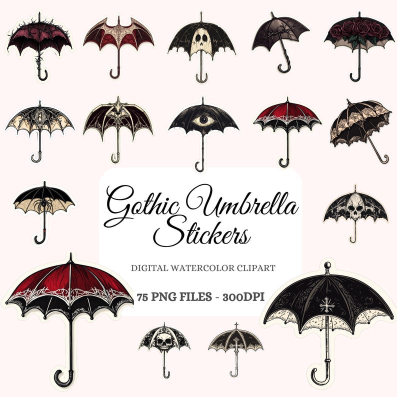 Gothic Umbrella Sticker Designs Clipart Bundle – 75 PNG Images, Dark ...