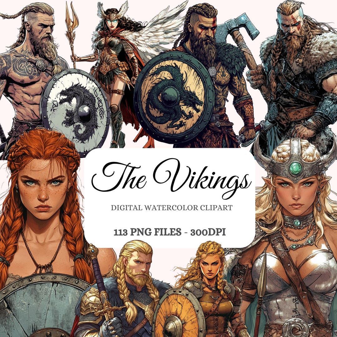 Watercolor Vikings Clipart Bundle – Norse Warriors, Helmets, Shields ...