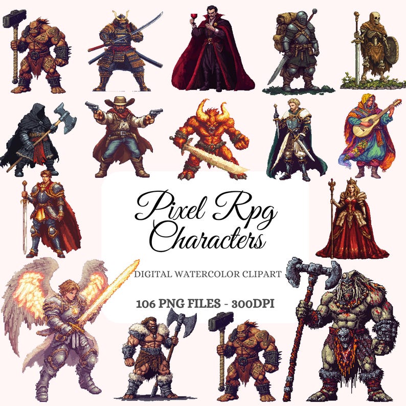 Pixel RPG Character Clipart – Retro Game Sprites (106 Images) (digital ...