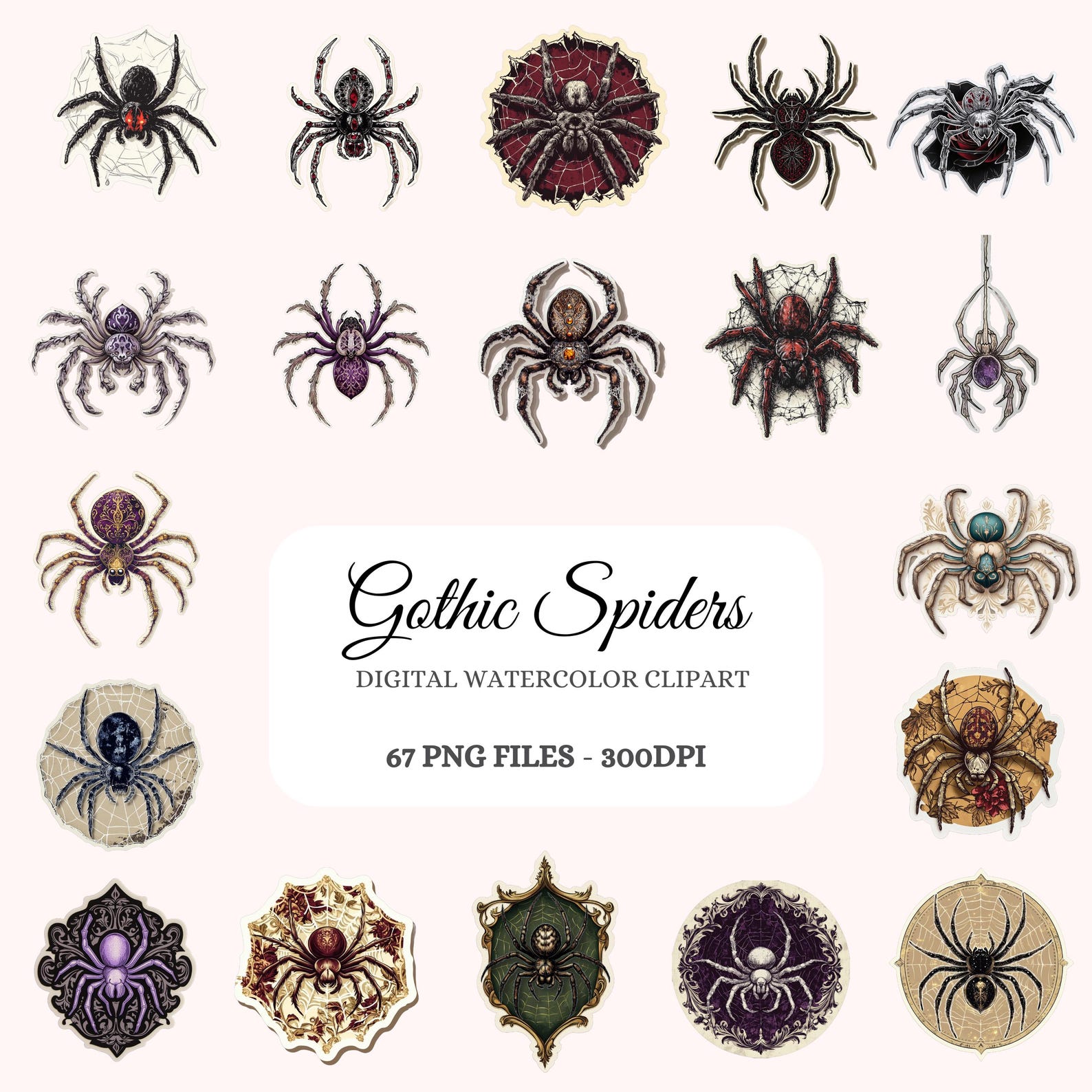 Gothic Spiders Clipart Bundle – 67 PNG Sticker Designs, Dark Gothic ...