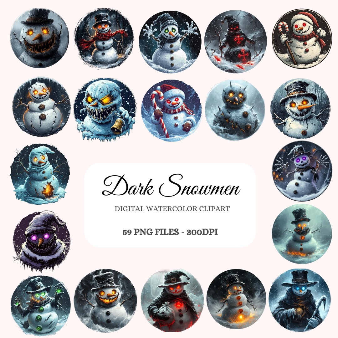 Dark Snowmen Watercolor Clipart Bundle – 59 PNG Gothic Winter Snowmen ...
