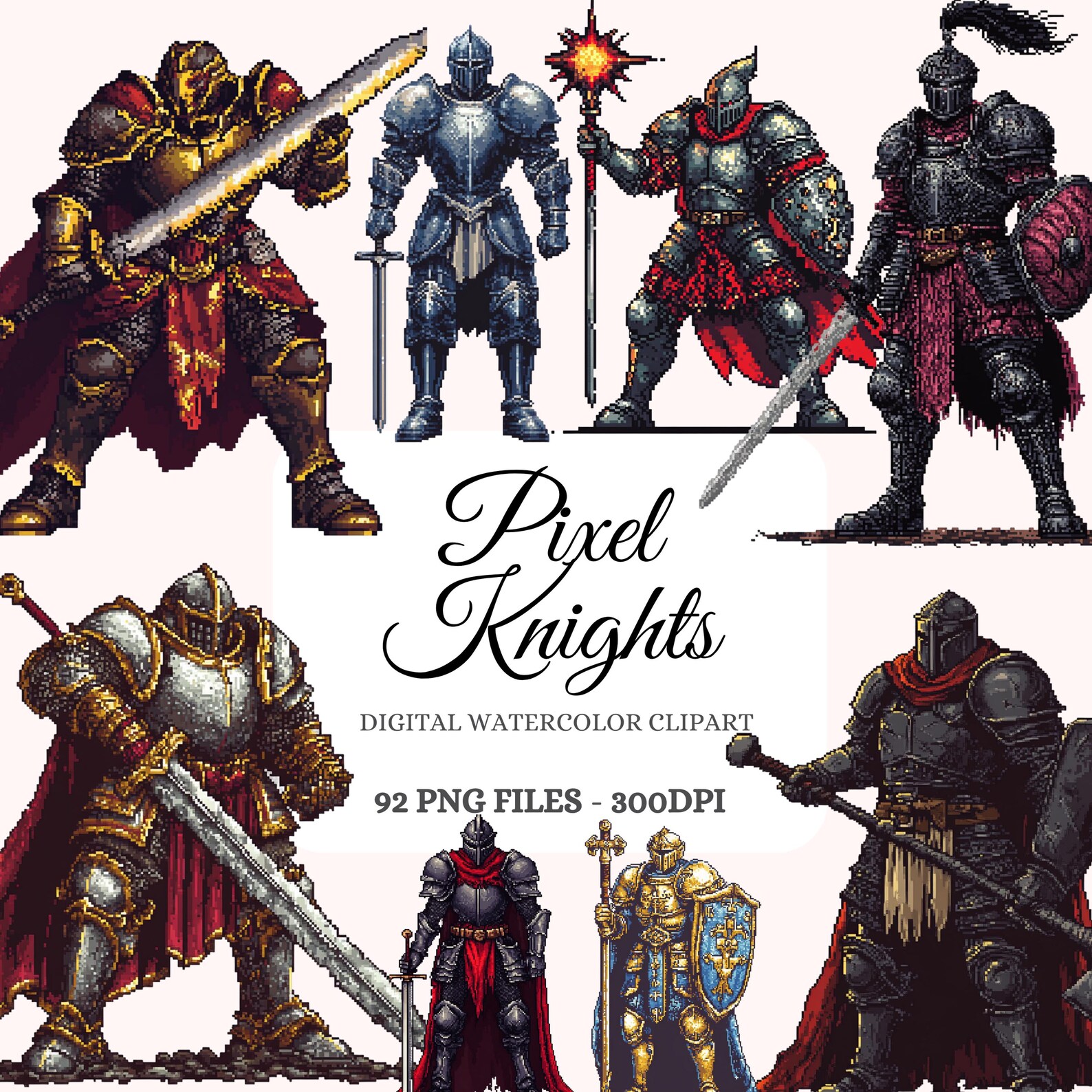 Pixel Art Knights Clipart – Medieval Gaming Graphics (PNG Digital ...
