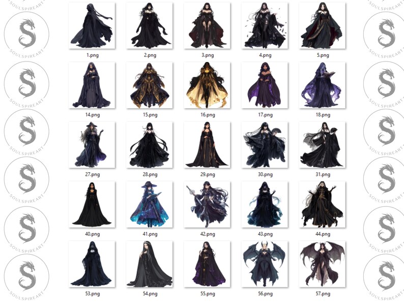 Dark Mages Watercolor Clipart Bundle – 65 Images, Anime-style Female ...