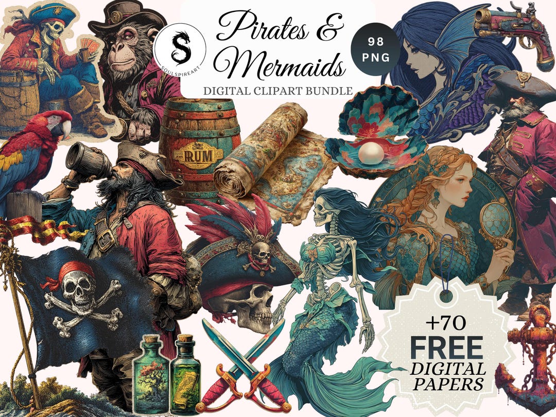 Pirates & Mermaids Clipart Bundle, Nautical Vintage Sea, 98 PNG + 70 ...