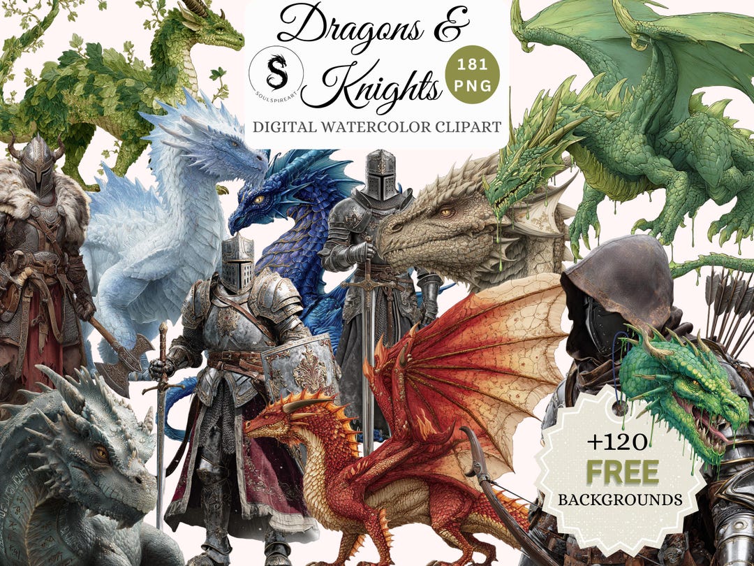 Dragons and Knights Clipart Bundle, Medieval Fantasy PNG (digital ...