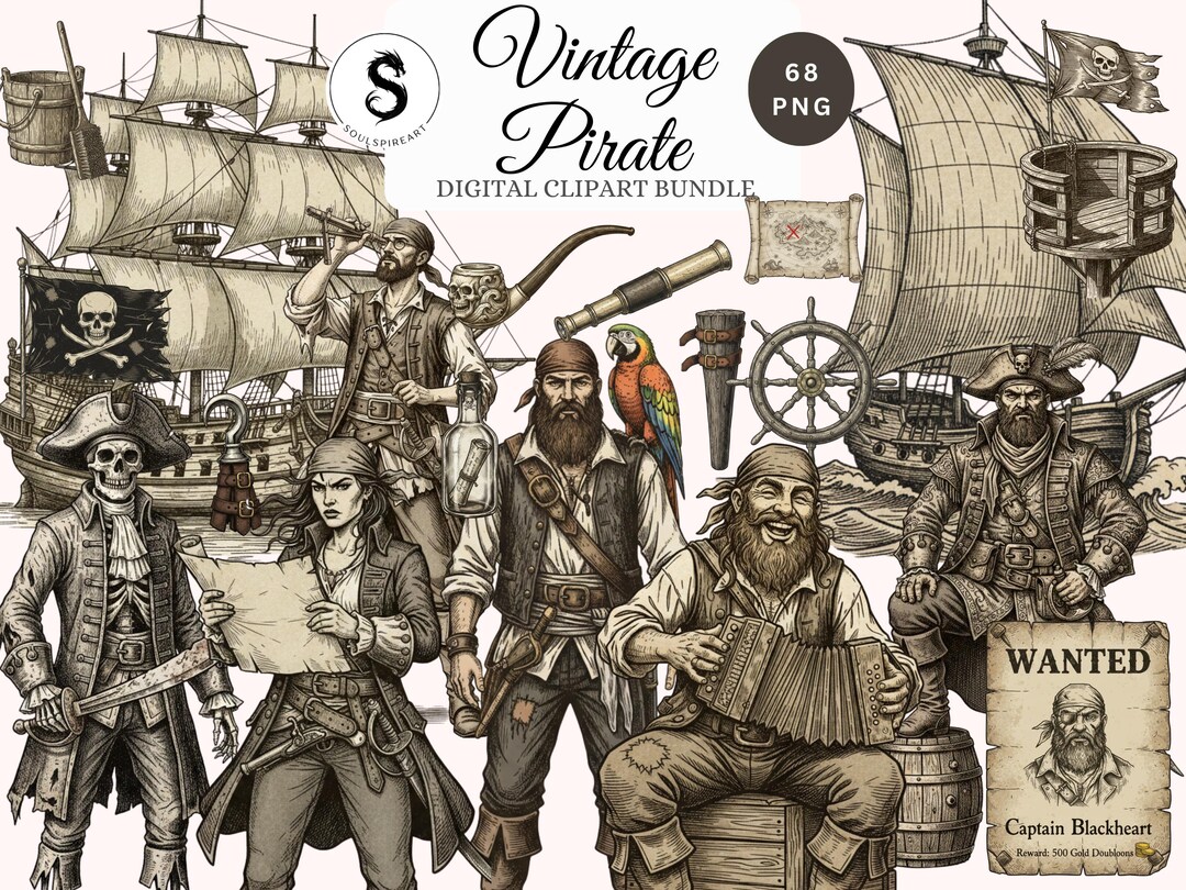Vintage Pirate Clipart Bundle Nautical Ship Sketch Engraving Dnd Map ...