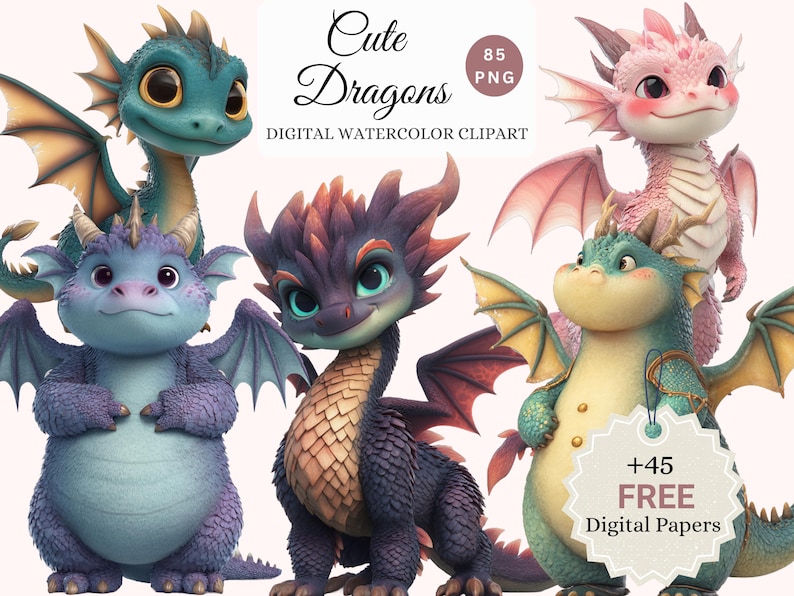Cute Cartoon Dragons Watercolor Clipart Bundle – Adorable Dragon PNG ...