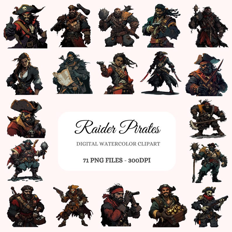 Raider Pirates Watercolor Clipart Bundle – 71 Dark Pirate Illustrations ...