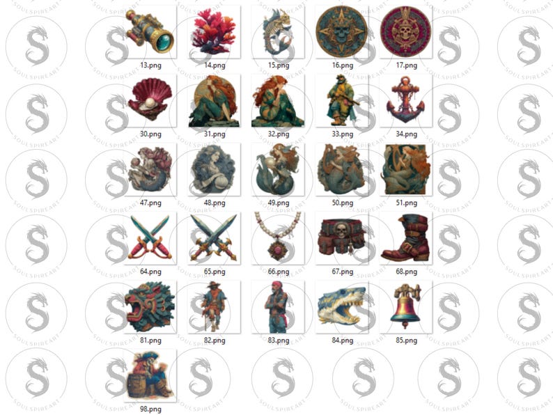 Pirates & Mermaids Clipart Bundle, Nautical Vintage Sea, 98 PNG + 70 ...